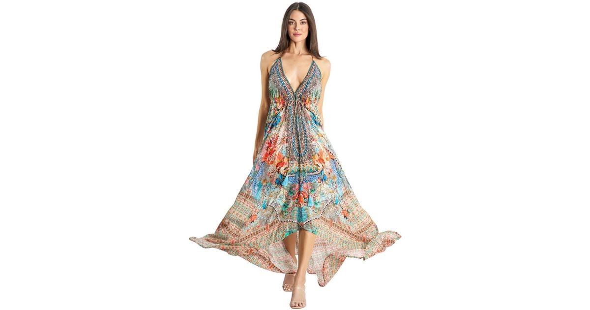 La Moda Clothing Maxi Print Halterneck Dress in Blue | Lyst