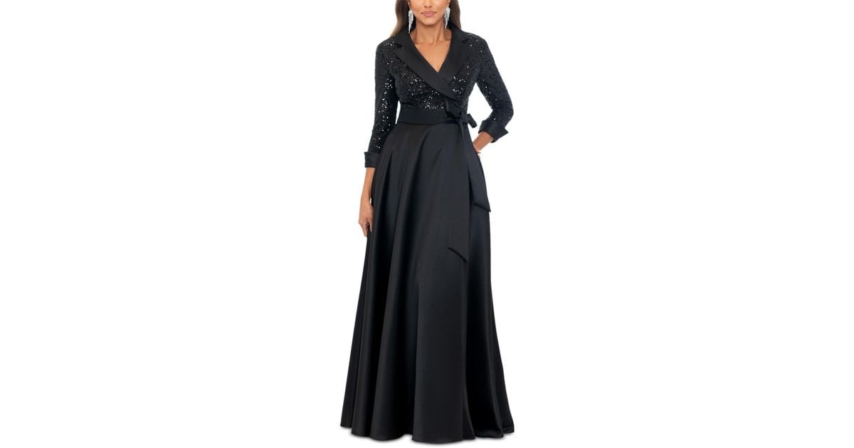 Xscape Sequin Long Sleeve Tux Ballgown in Black | Lyst