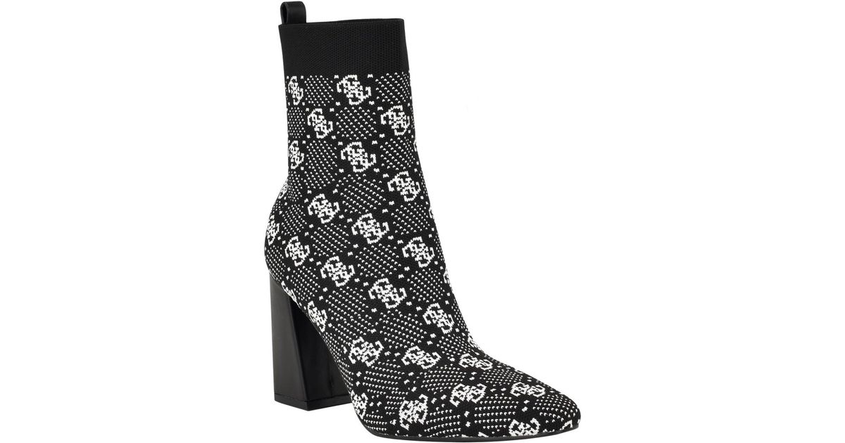 Guess Yonel Block Heel Stretch Knit Logo Dress Booties in Black | Lyst