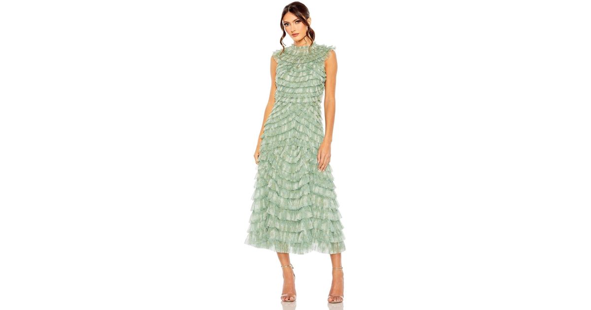 Mac Duggal High Neck Micro Ruffle Dress in Green | Lyst