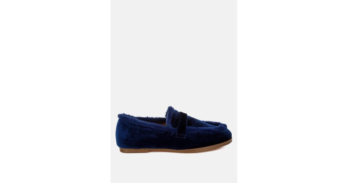 Rag & Co Bastian Fur Detail Velvet Loafers in Blue | Lyst