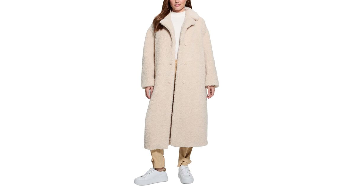 Guess Alina Teddy Longline Coat in Natural | Lyst