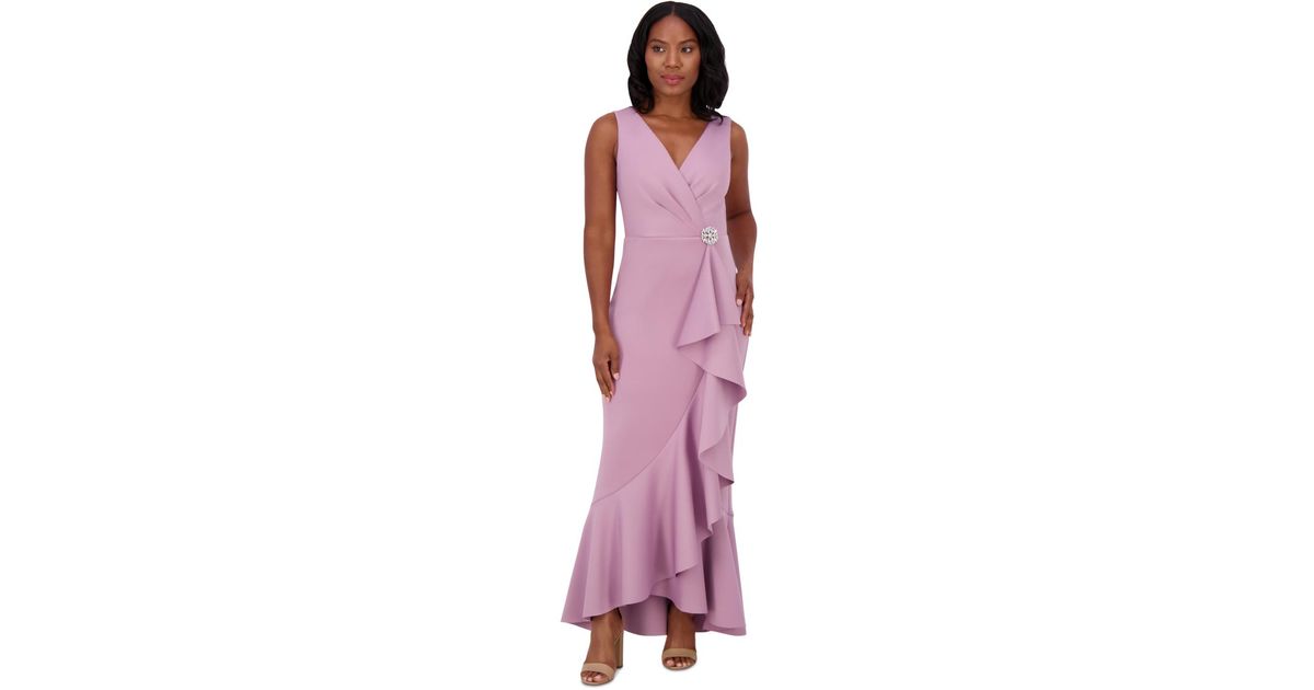 Jessica Howard Cascade-ruffle Surplice-neck Gown in Red | Lyst