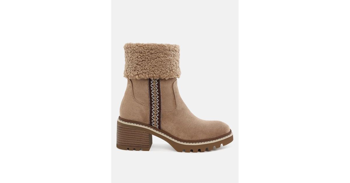 LONDON RAG Woolly Faux Fur & Embroidery Detail Boots in Natural | Lyst