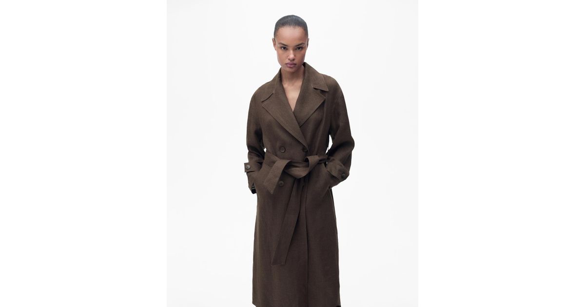 Mango Double Breasted Linen Trench Coat in Brown | Lyst