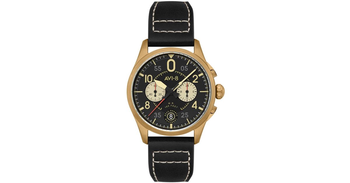 AVI-8 Spitfire Lock Chronograph Leather Strap Watch in Black for Men | Lyst