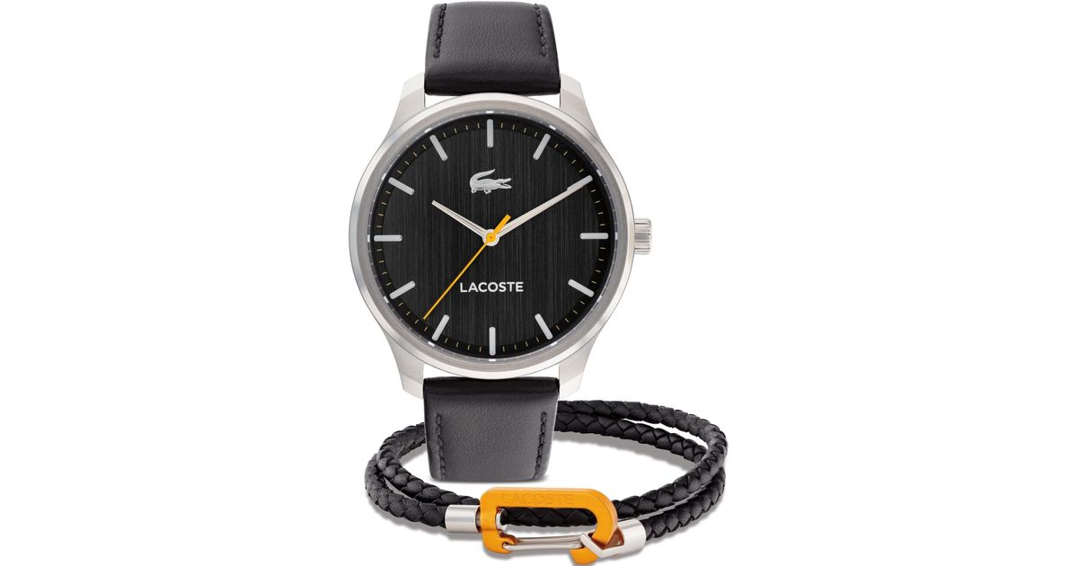 Lacoste Gift Set Leather Strap Watch 42mm in Black for Men | Lyst