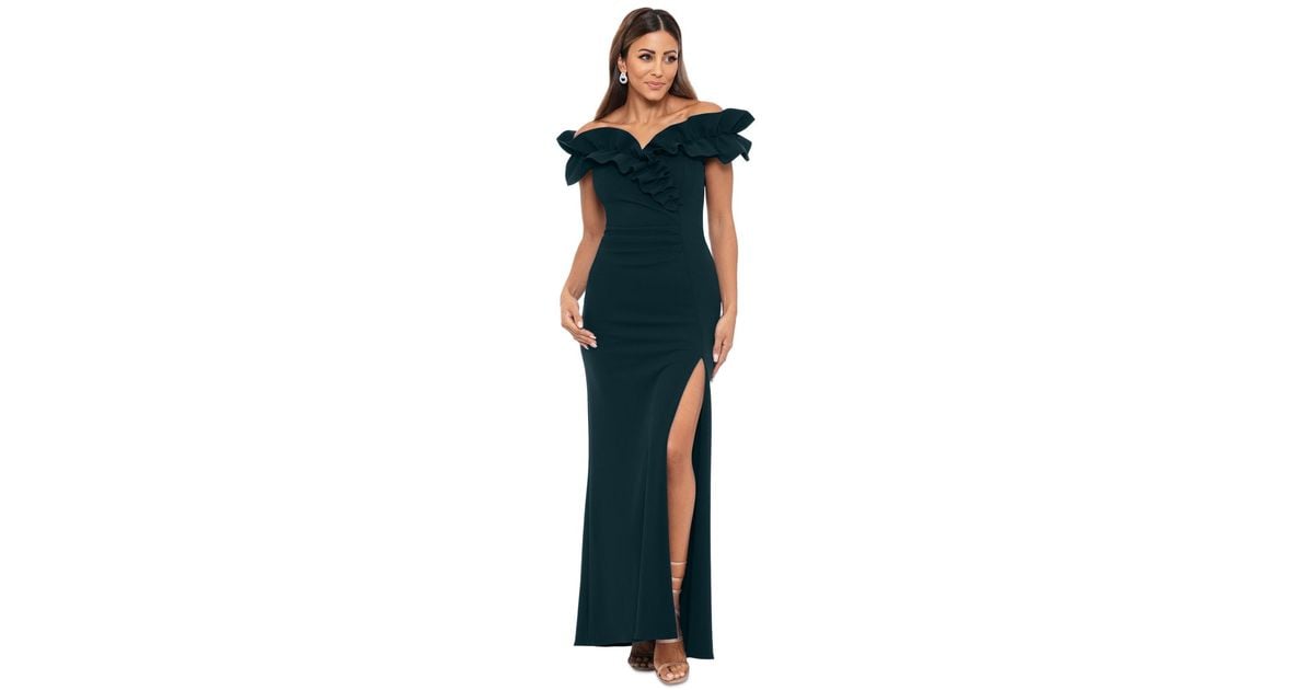 Xscape Ruffled Off-the-shoulder Side-slit Gown in Blue | Lyst