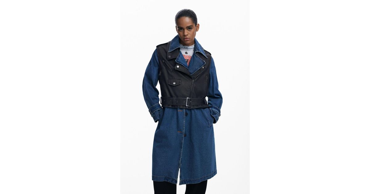 Desigual Detachable Denim Trench Coat, Polyurethane in Blue | Lyst