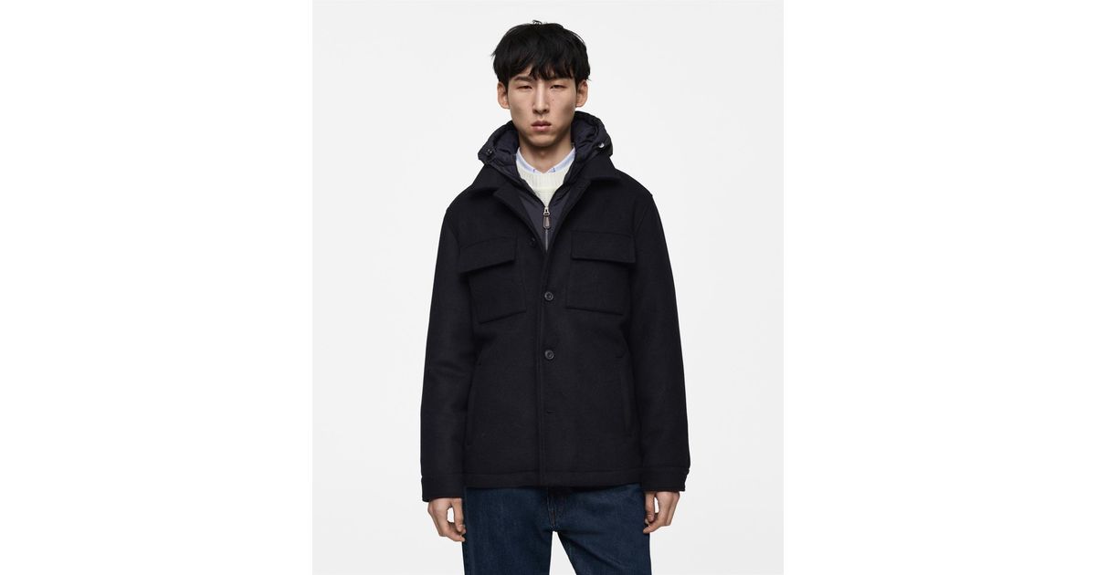 Mango Wool-blend Detachable Hood Coat in Blue for Men | Lyst