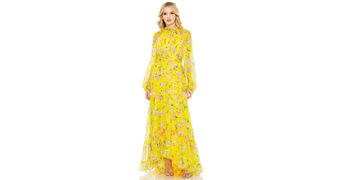 Mac Duggal Floral Print Chiffon Ruched Raglan Sleeve Gown in Yellow | Lyst