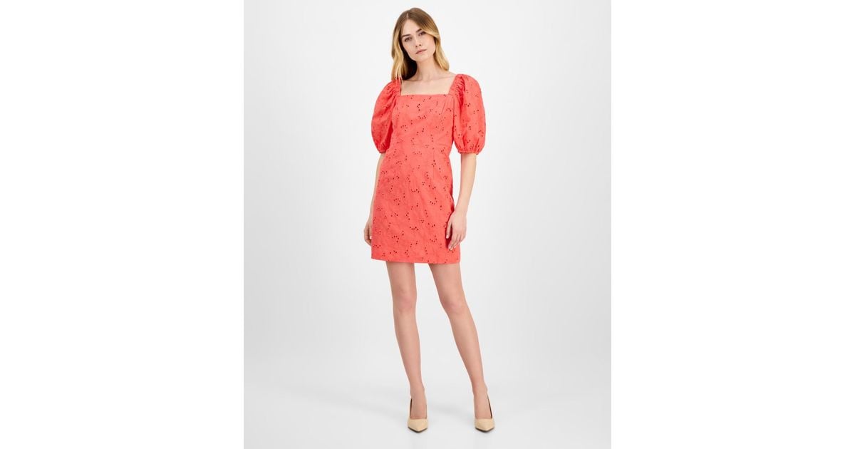 Anne Klein Square-neck Puff-sleeve Eyelet Dress in Red | Lyst