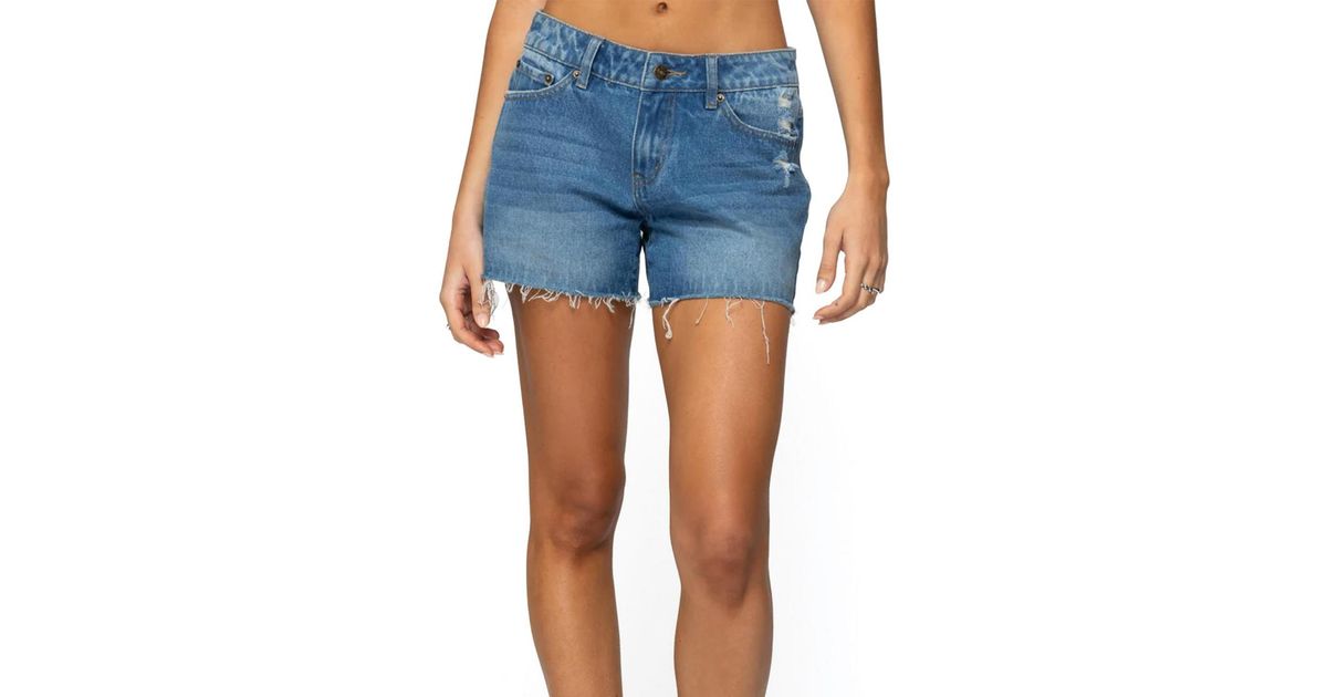 Edikted Scottie Low Rise Denim Shorts in Blue | Lyst