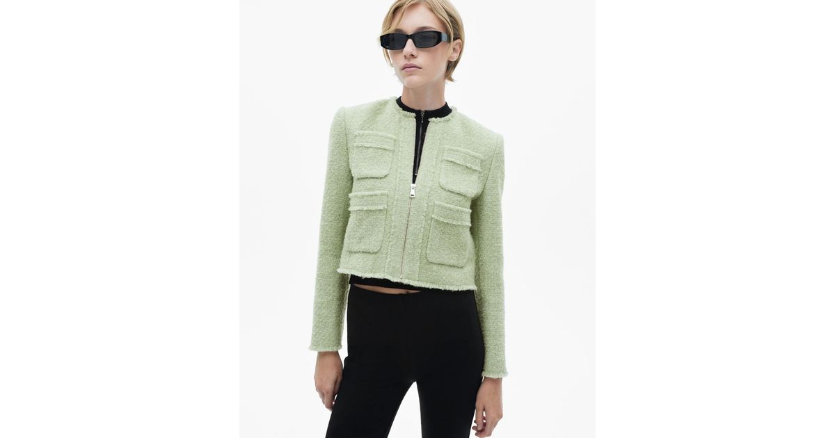 Mango Zipper Detail Tweed Jacket in Green | Lyst