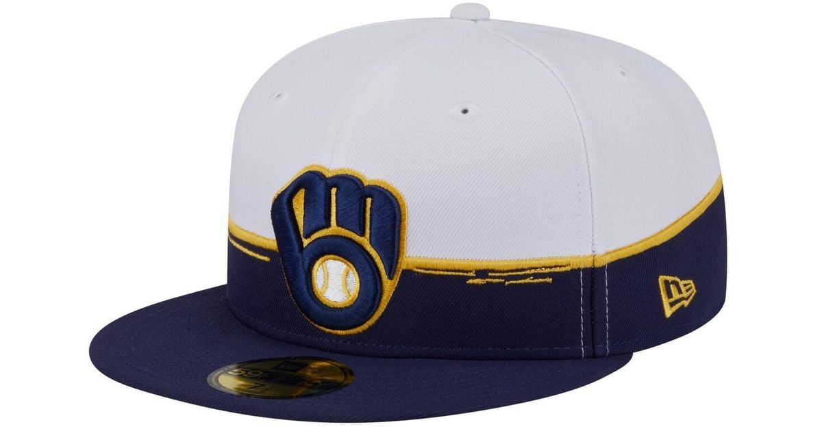 KTZ Navy/white Milwaukee Brewers Paint Stroke 59fiftyâ Fitted Hat in ...