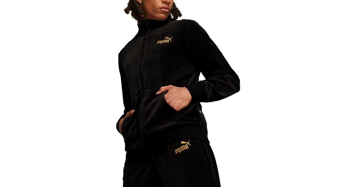 PUMA Minimal Gold-tone Logo Velour Track Jacket in Black for Men | Lyst