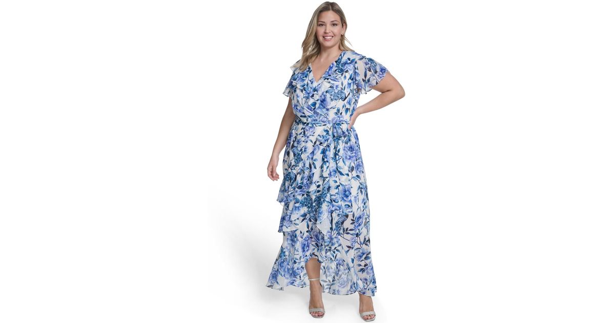 Eliza J Plus Size Flutter Sleeve Ruffle Maxi Dress in Blue | Lyst