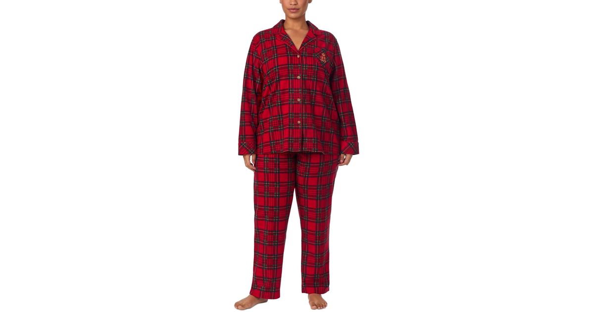 Ralph Lauren Plus Size Plaid Fleece Pajama Set in Red | Lyst