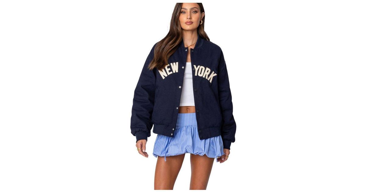 Edikted Big Apple Oversized Bomber Jacket in Blue | Lyst