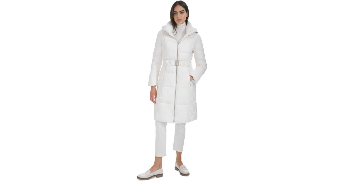 Calvin Klein Diamond Quilted Side Belted Hooded Puffer Coat in White | Lyst