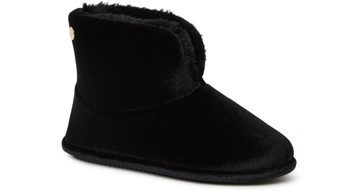Dearfoams Sara Shiny Velour Bootie House Slipper Boot in Black | Lyst