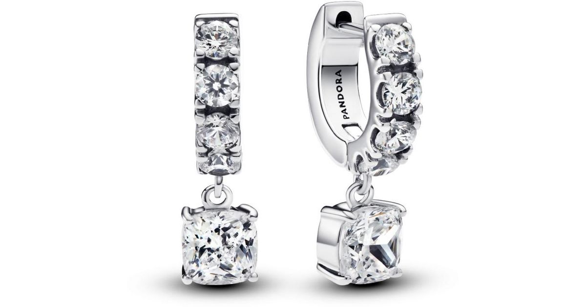 PANDORA Pave Dangle Hoop Earrings in White | Lyst