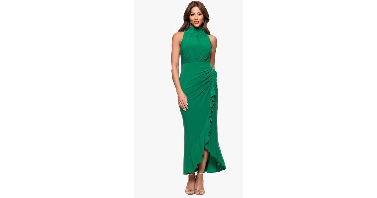 Xscape High-neck Ruffled-front Sheath Dress in Green | Lyst