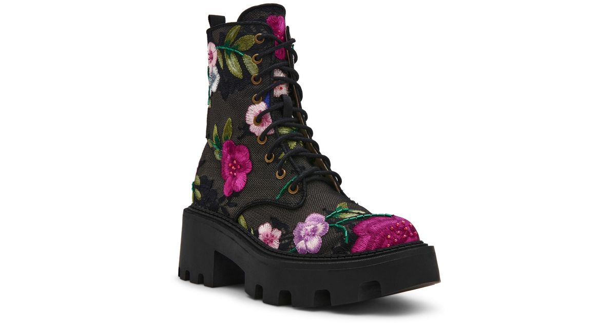Betsey Johnson Polli Embroidered Mesh Combat Boots in Black | Lyst