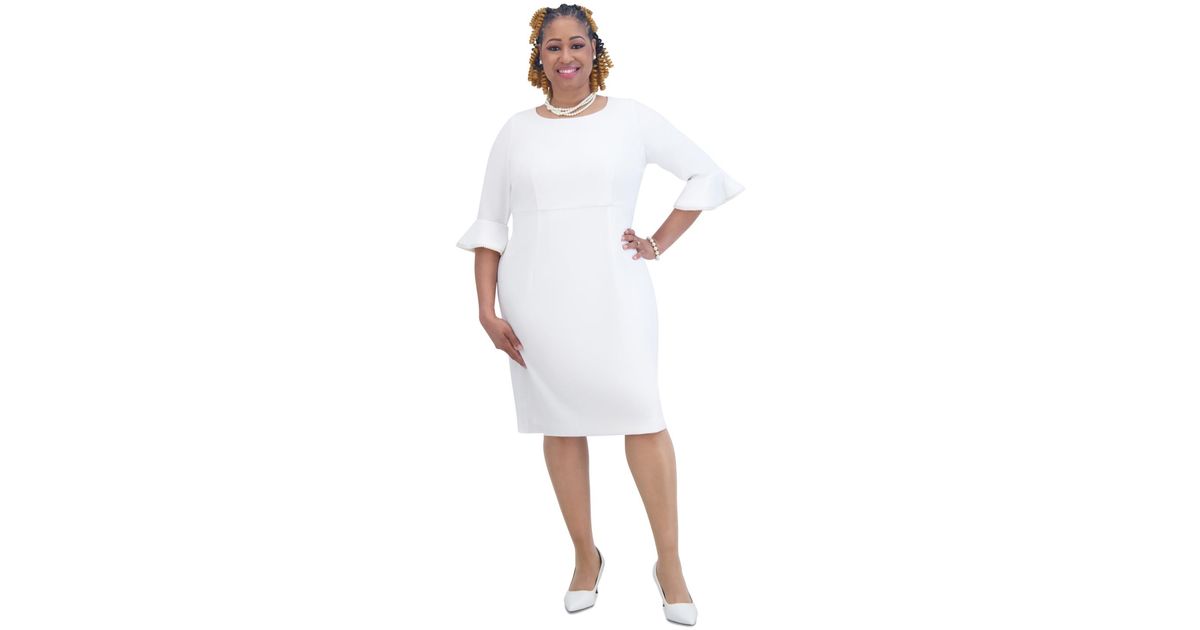 Kasper Kat Elbow-sleeve Ruffled-cuff Dress in White | Lyst