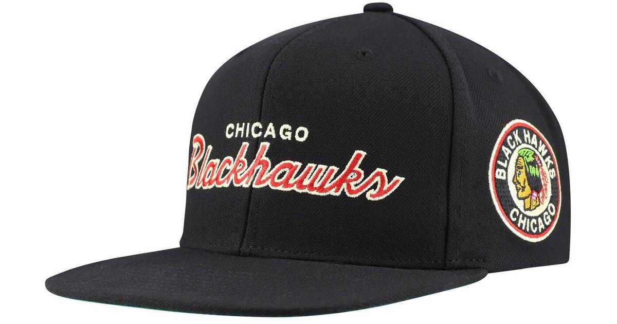 Mitchell & Ness Mitchell Ness Chicago Hawks Core Team Script 2.0 Snapback Hat in Black for Men ...