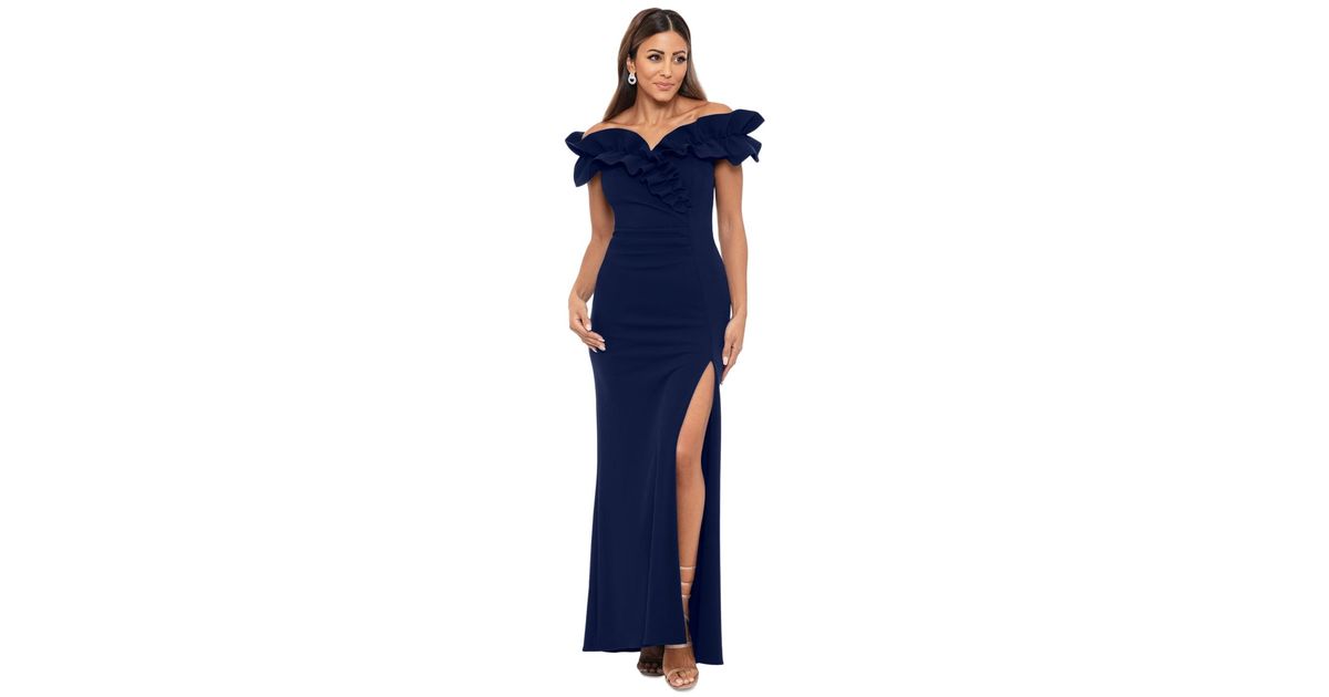 Xscape Ruffled Off-the-shoulder Side-slit Gown in Blue | Lyst