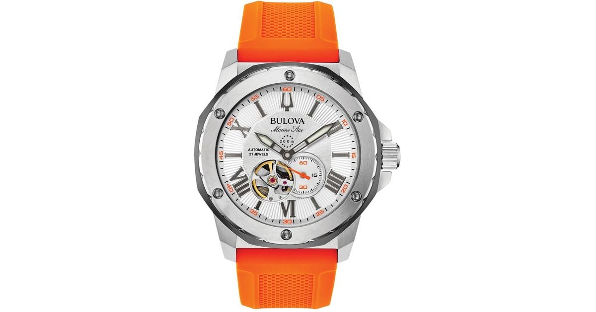 Bulova Automatic Marine Star Orange Silicone Strap Watch 45mm in Gray ...