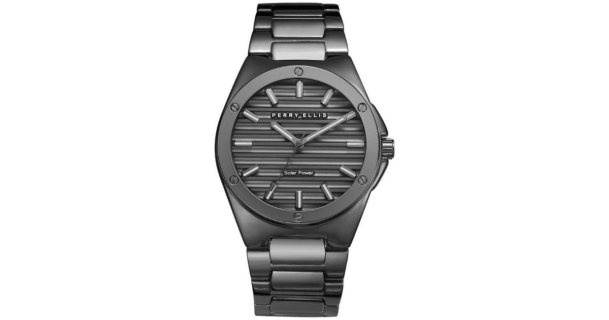 Perry Ellis Solar Powered Gold Tone Embossed Dial Screw Bezel Bracelet ...