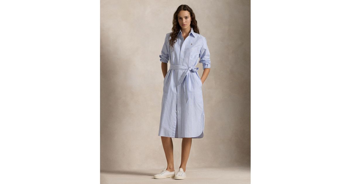 Polo Ralph Lauren Striped Cotton Oxford Belted Shirtdress in Blue | Lyst