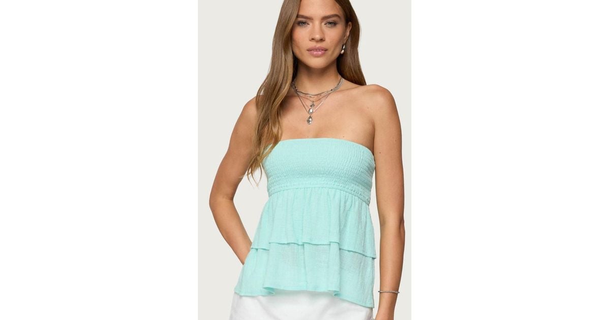 Edikted Harleigh Ruffled Linen Look Tube Top in Blue | Lyst
