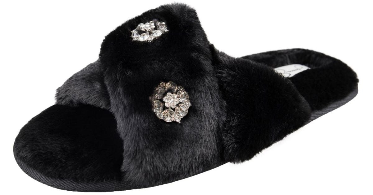 Jessica Simpson Embellished Cross Band Slide Slippers in Black | Lyst