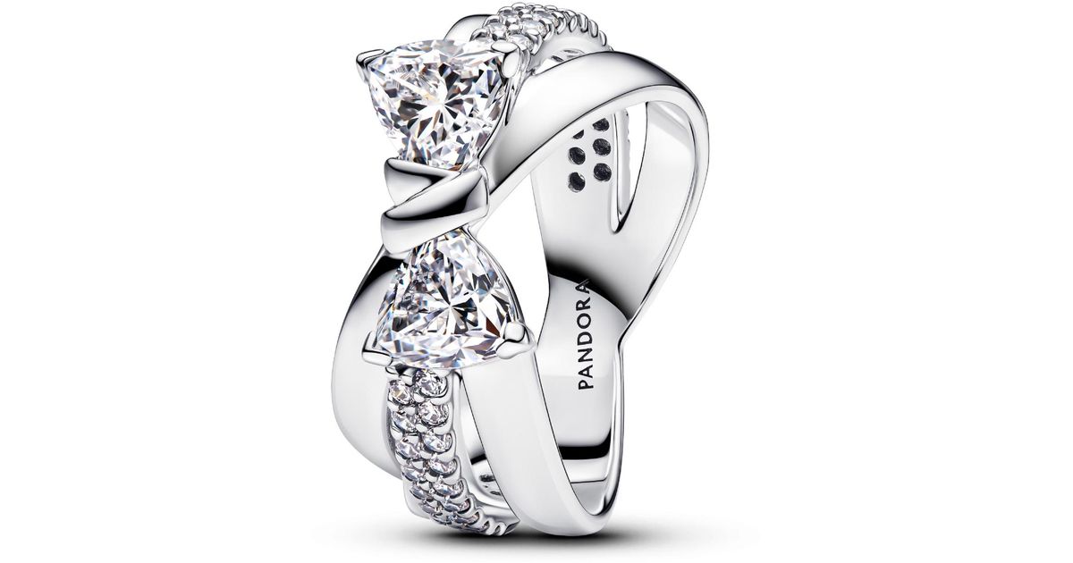 PANDORA Sparkling Bow Double-row Ring in White | Lyst