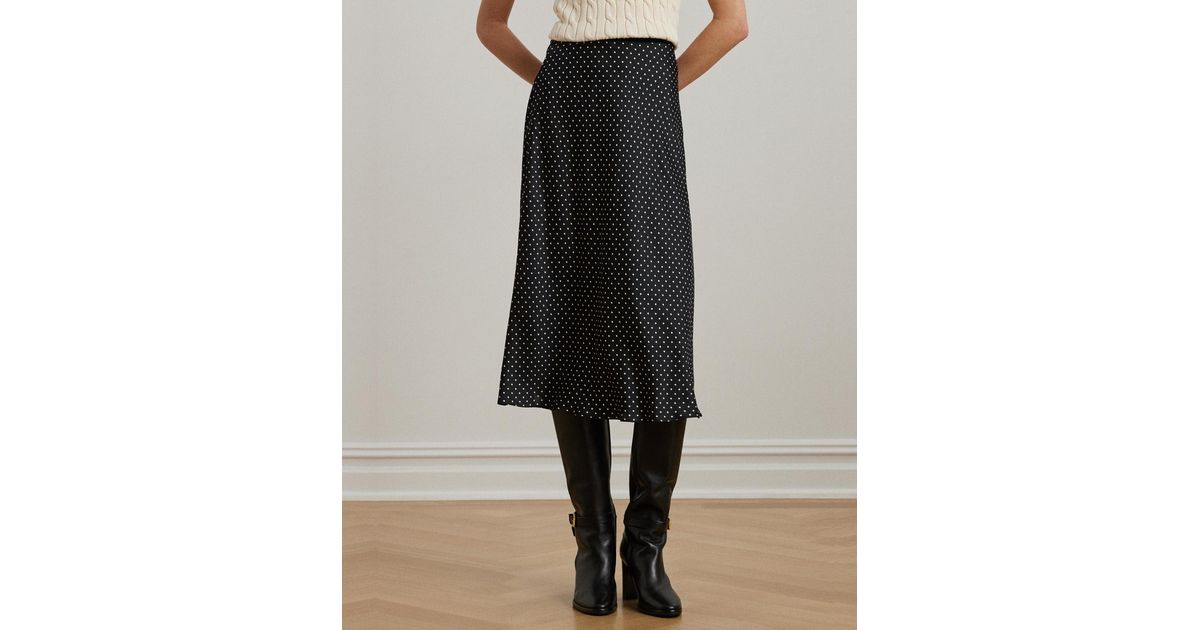 Ralph Lauren Polka-dot Satin Charmeuse Midi Skirt in Black | Lyst