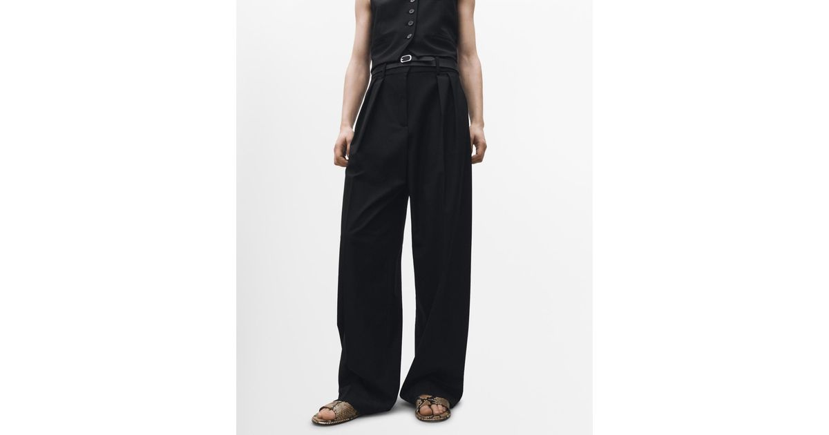 Mango Wide Leg Wool Blend Suit Trousers in Black | Lyst