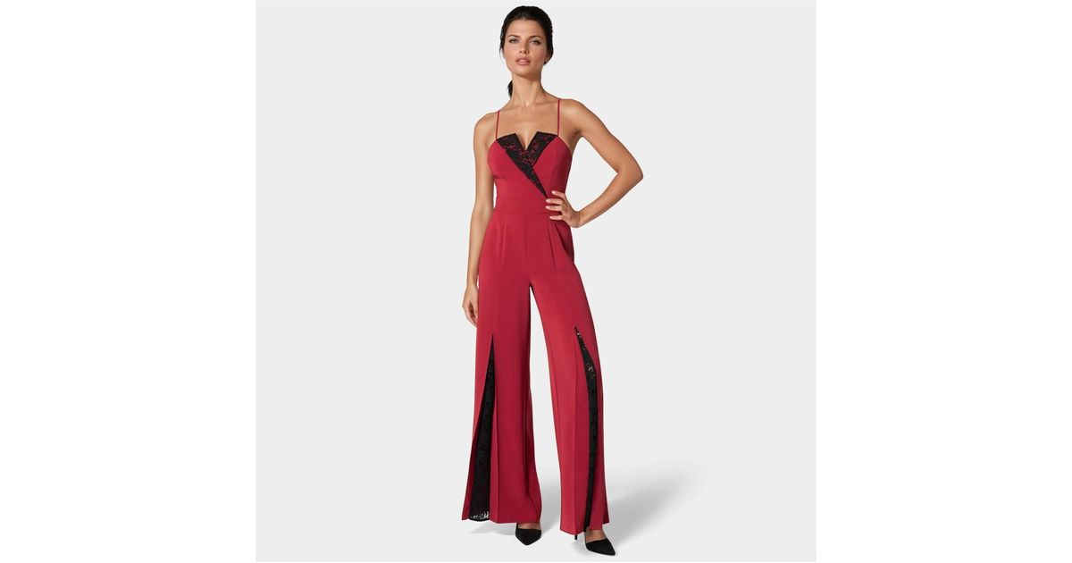 Bebe Tuxedo Lace Combo Ultra Wide Leg Jumpsuit in Red | Lyst