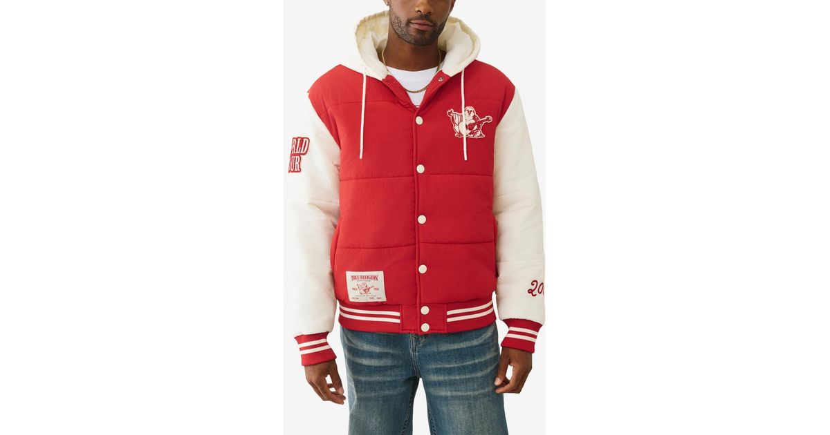 TRUE RELIGION Varsity Hooded Puffer Jacket in Red for Men | Lyst