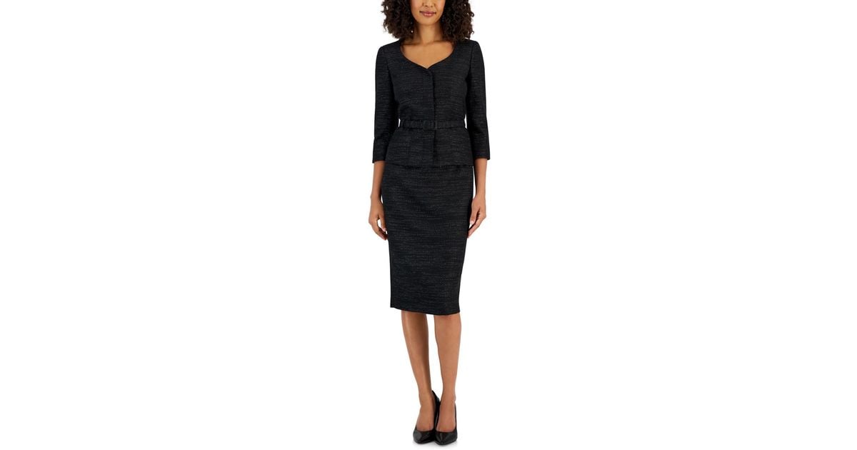 Le Suit Metallic Tweed Belted Jacket & Pencil Skirt Suit in Black | Lyst