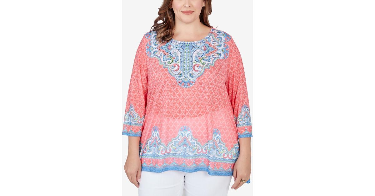 Ruby Rd. Plus Size Embellished Guava Border Print Sublimation Top in ...