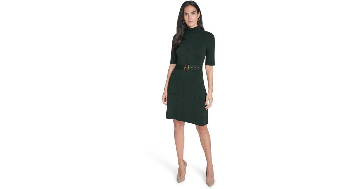 Jessica Howard Turtle Neck Elbow Sleeve Belted Dress in Green | Lyst