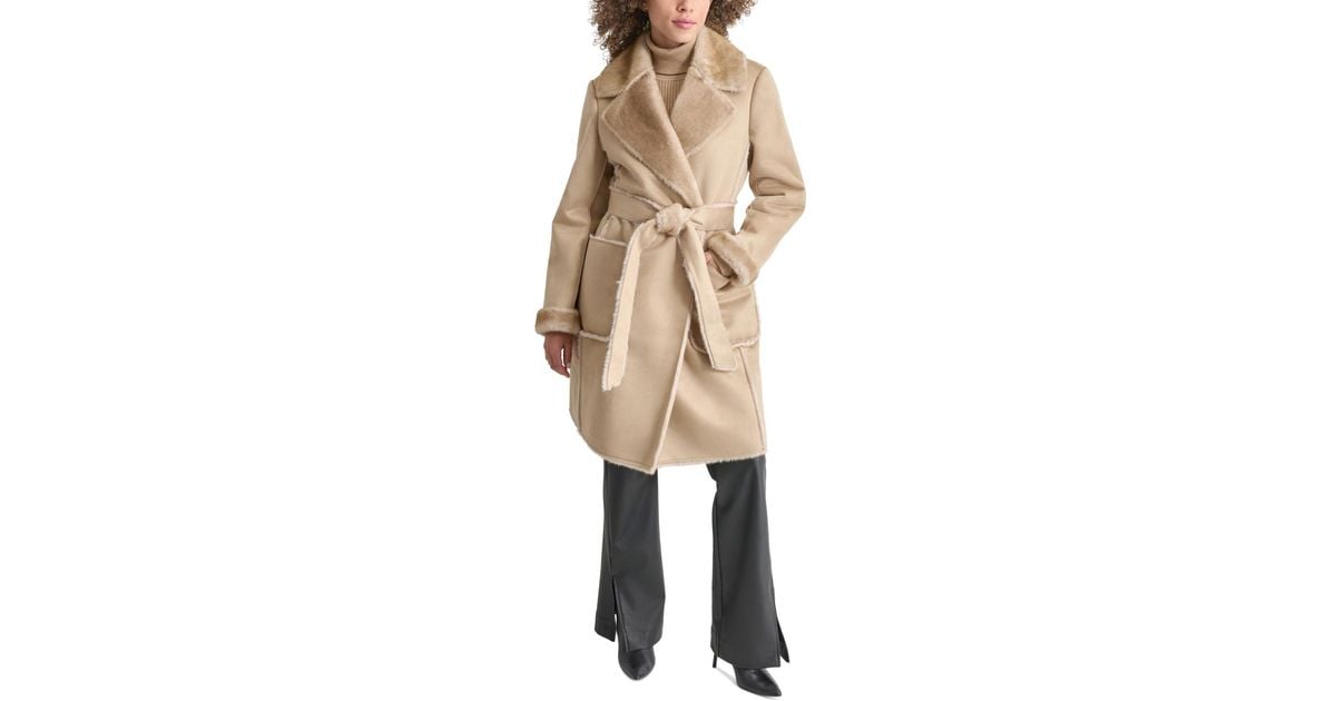 DKNY Belted Notched-collar Faux-shearling Coat in Natural | Lyst