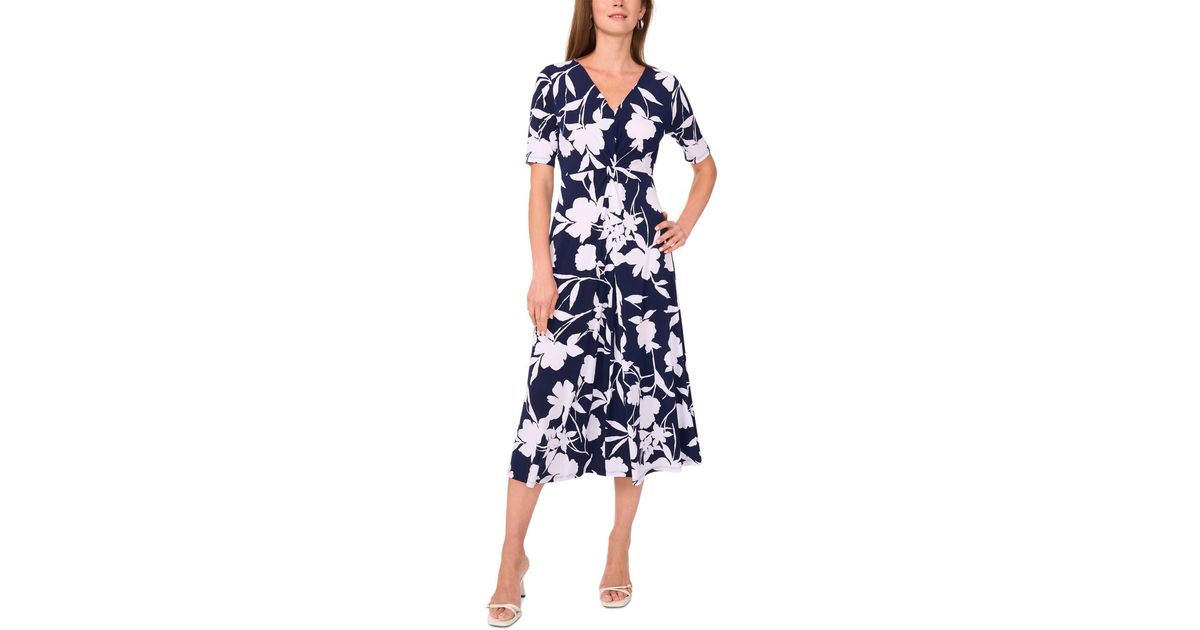 Msk Floral-print Twist-front Midi Dress in Blue | Lyst