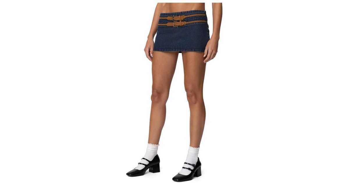 Edikted Sky Double Buckle Denim Mini Skort in Blue | Lyst