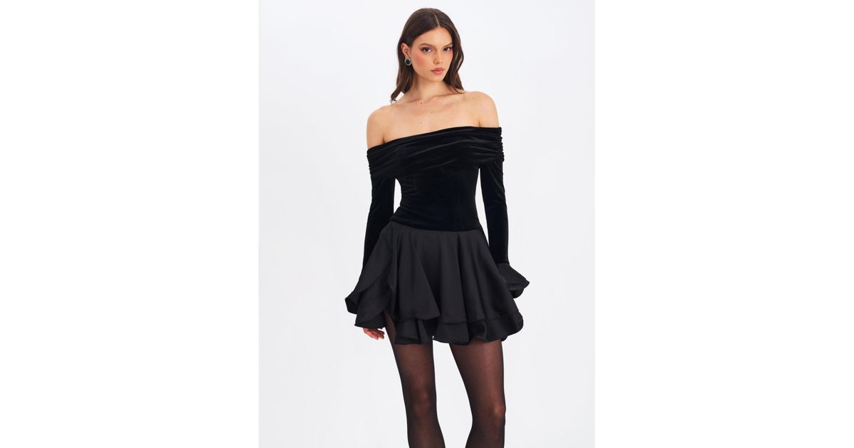 Miss Circle Magnolia Off-shoulder Layered Satin Mini Dress in Black | Lyst