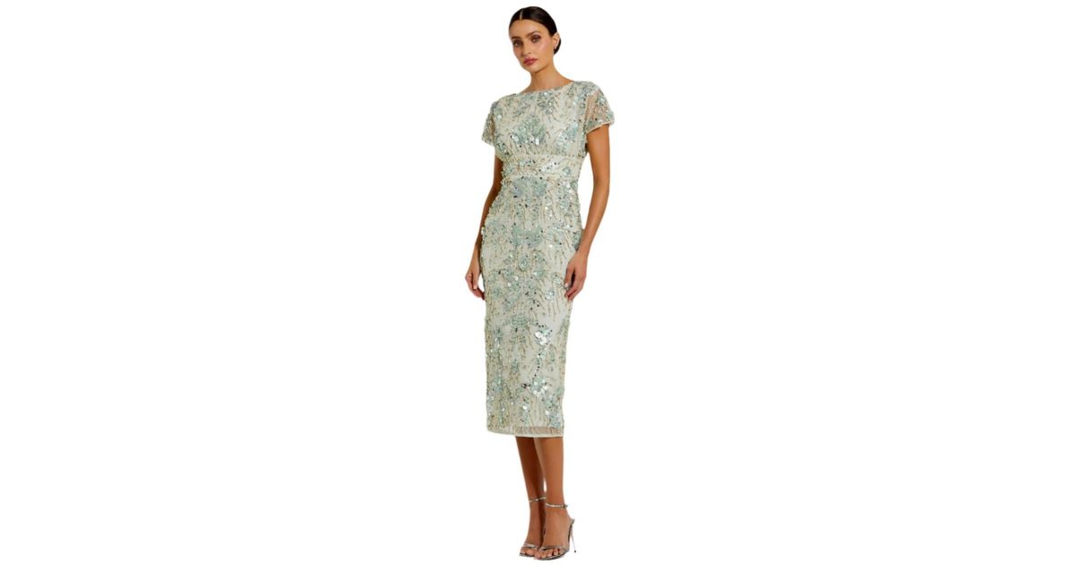 Mac Duggal Embellished Mesh Fitted Short Sleeve Midi Dress in Green | Lyst