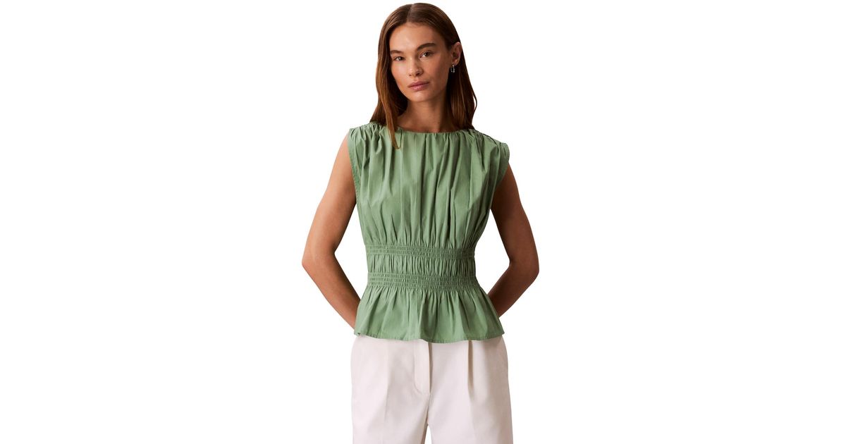 Calvin Klein Ruched Cotton Poplin Top in Green | Lyst